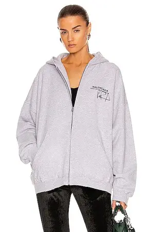 トップス BALENCIAGA RuPaul WIDE ZIP UP HOODIE Balenciaga Rupaul Wide Zip-Up Hoodie In Grey - Heather Grey